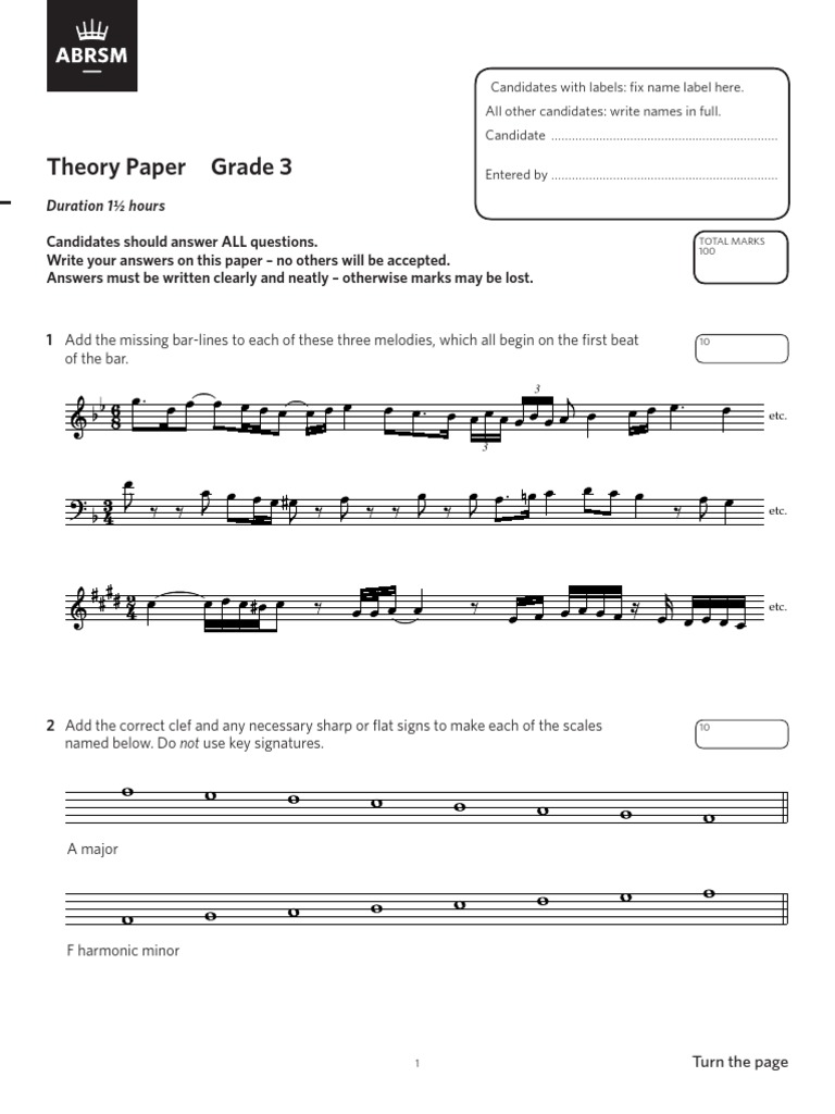 Theory Paper Grade 3: Duration 1 Hours | PDF | Pitch (Music) | Musicology
