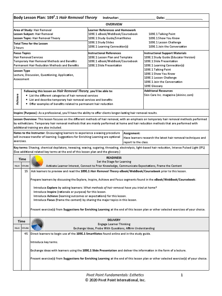 Body Lesson Plan: 109 .1 Hair Removal Theory: Instructor: - Date | PDF ...