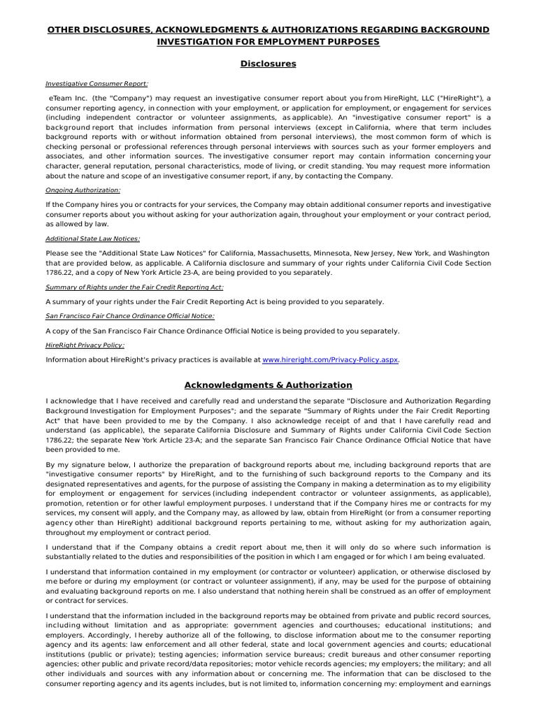 Background Check Disclosures | PDF | Credit Bureau | Credit History