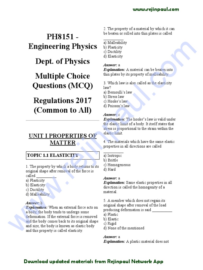 PH8151 - Engineering Physics MCQ PDF | PDF | Elasticity (Physics) | Deformation (Engineering)