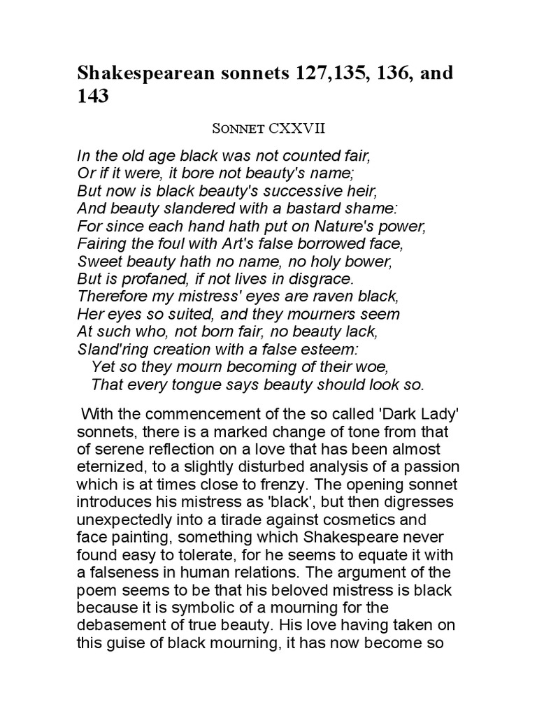 Shakespearean Sonnets 127, 135, 136, 143 | PDF | Shakespeare's Sonnets ...