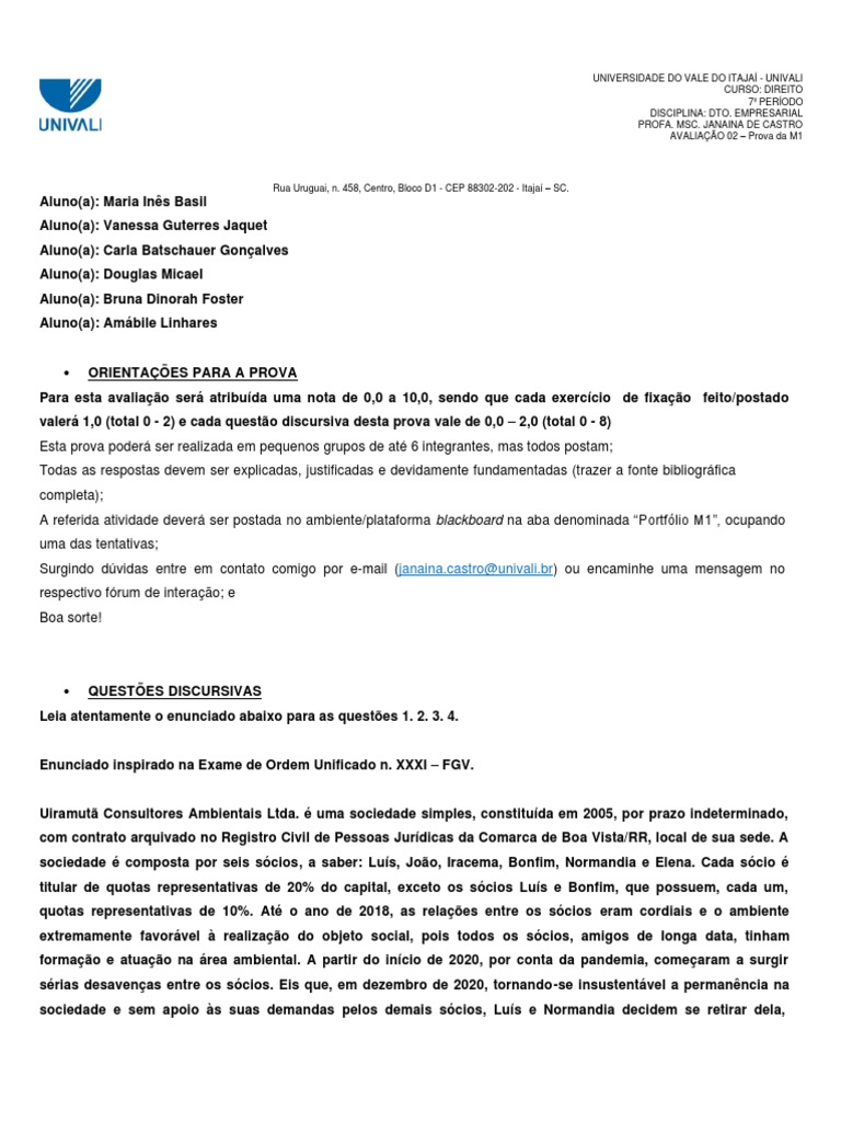Prova M1 Segunda (1) Respondida | PDF | Companhia limitada | Conceitos jurídicos