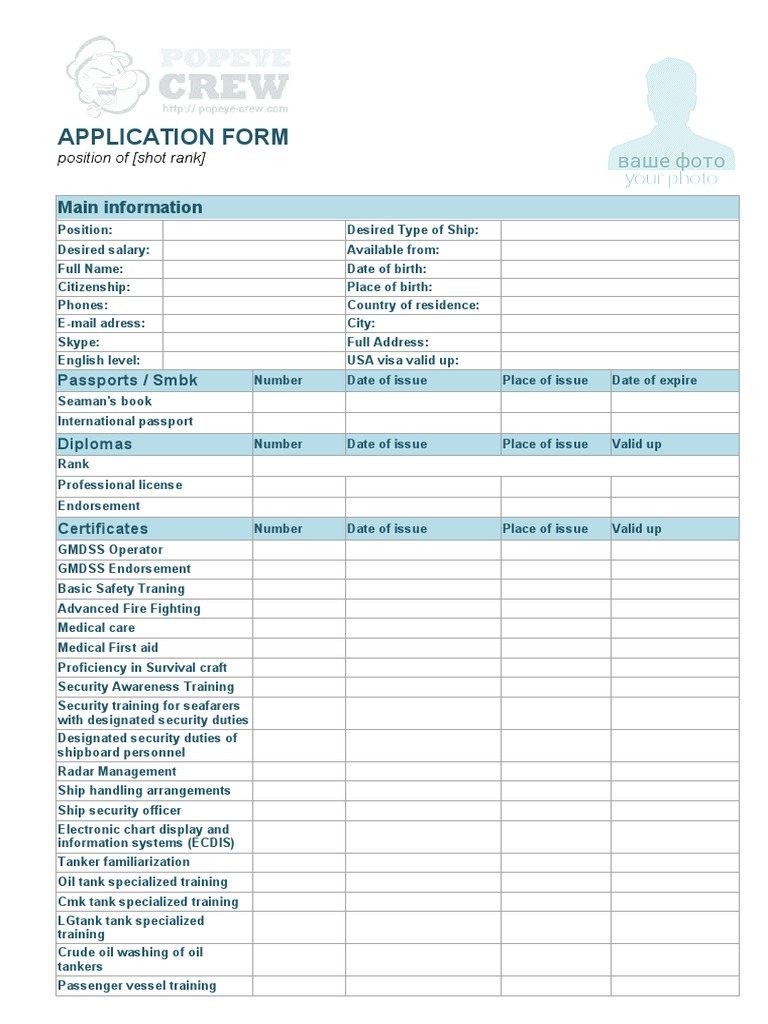 Application Form: Main Information | PDF | Ships | Sailor