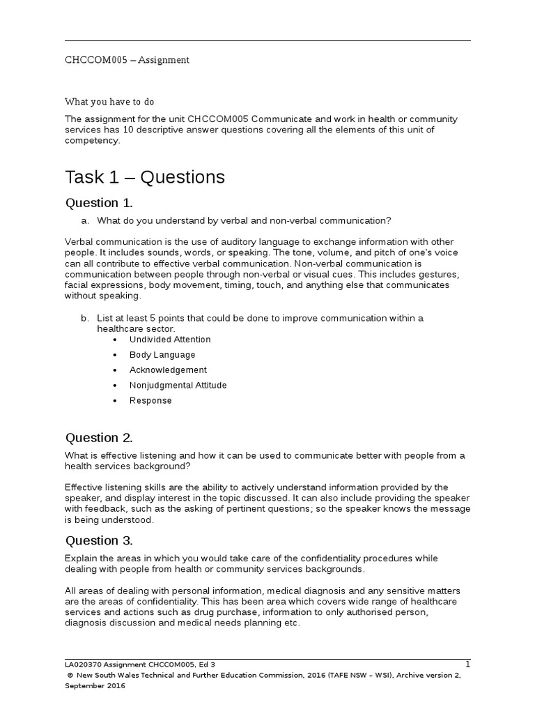 Task 1 - Questions: CHCCOM005 - Assignment | PDF | Nonverbal Communication | Communication