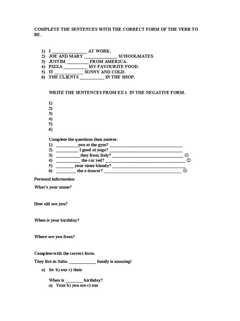 Complete Sentences with Verb "To Be" | PDF