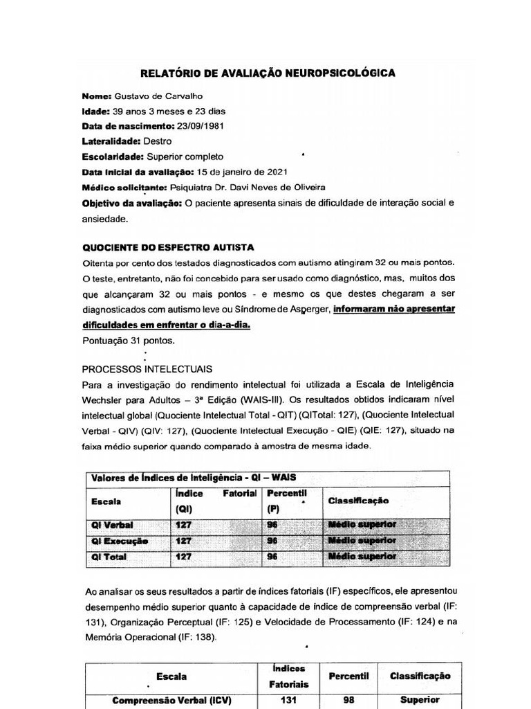 Laudo Neuropsicológico | PDF