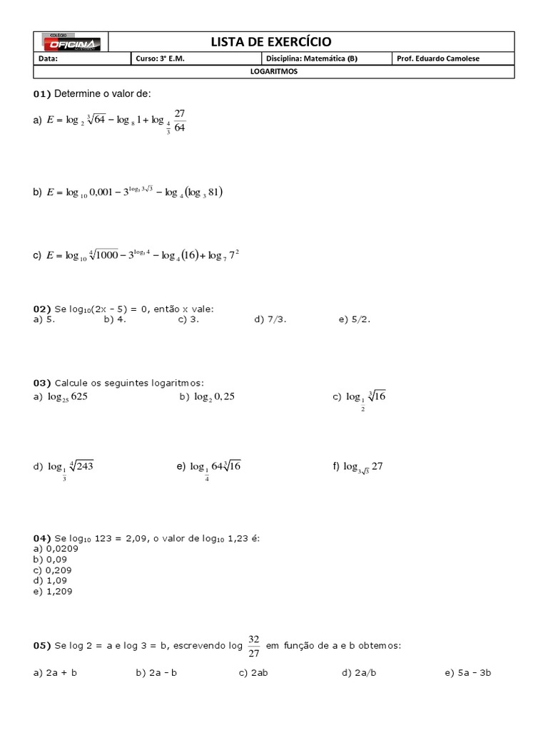 Logaritmos - Lista 1 | PDF | Matemática | Aritmética