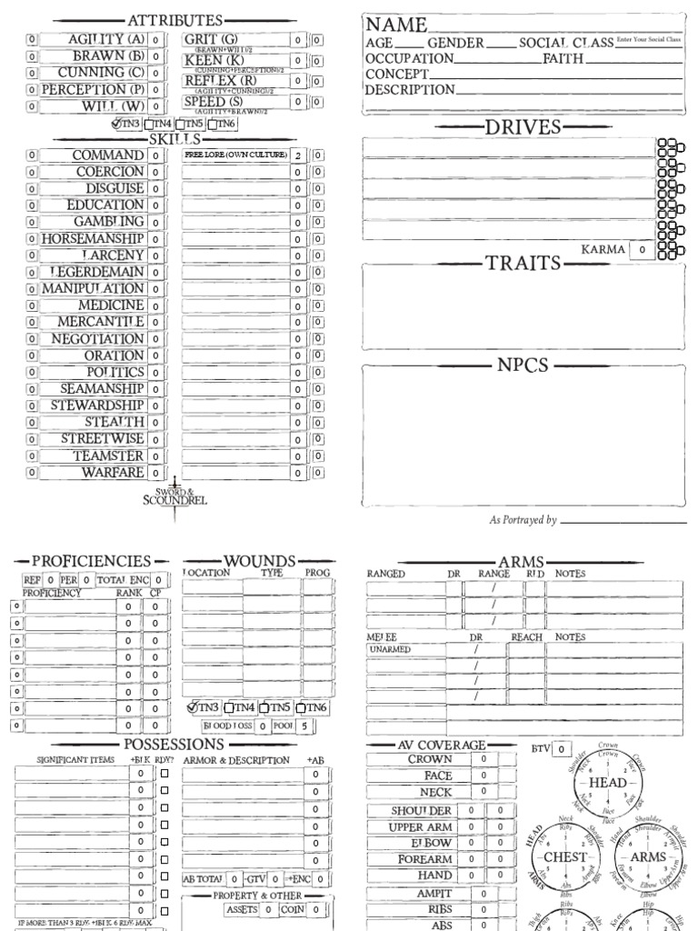 Sword & Scoundrel - Deluxe Form Fillable Character Sheet v1.0.0 | PDF ...