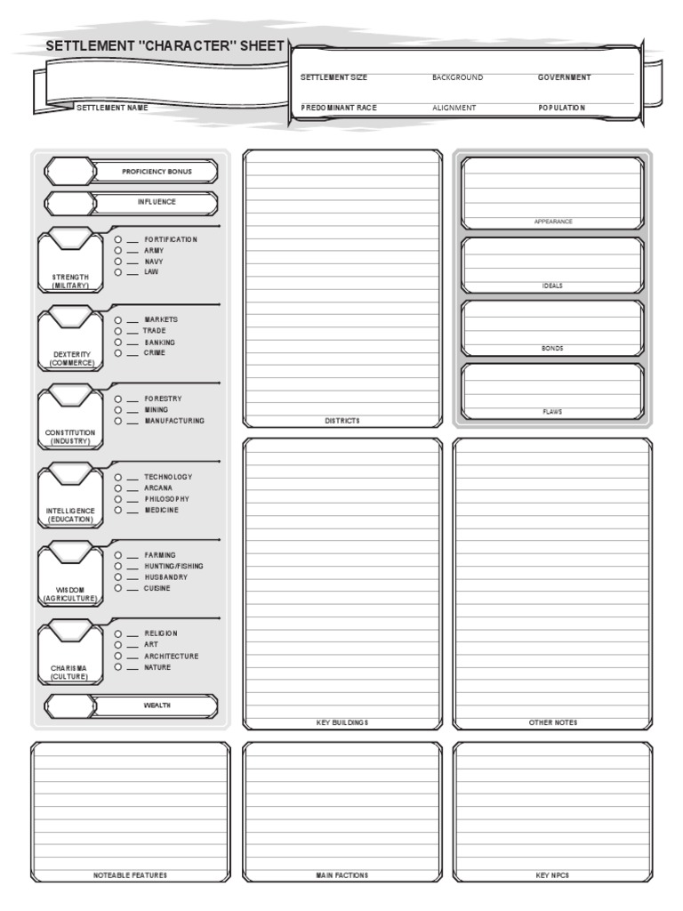 Settlement "Character" Sheet: Proficiency Bonus | PDF