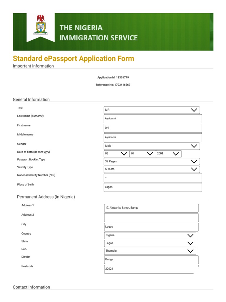 The Nigeria Immigration Service Application Form | PDF | Government And ...