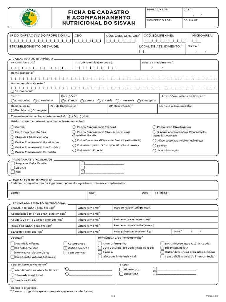 Ficha de cadastro e acompanhamento nutricional do SISVAN | PDF ...