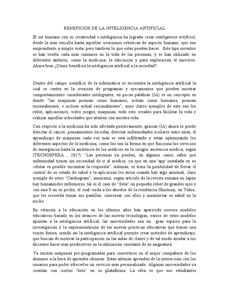 Ensayo Beneficios de La Inteligencia Artificial | PDF | Inteligencia ...