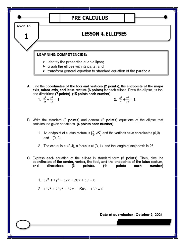 Pre Calculus: Lesson 4. Ellipses | PDF
