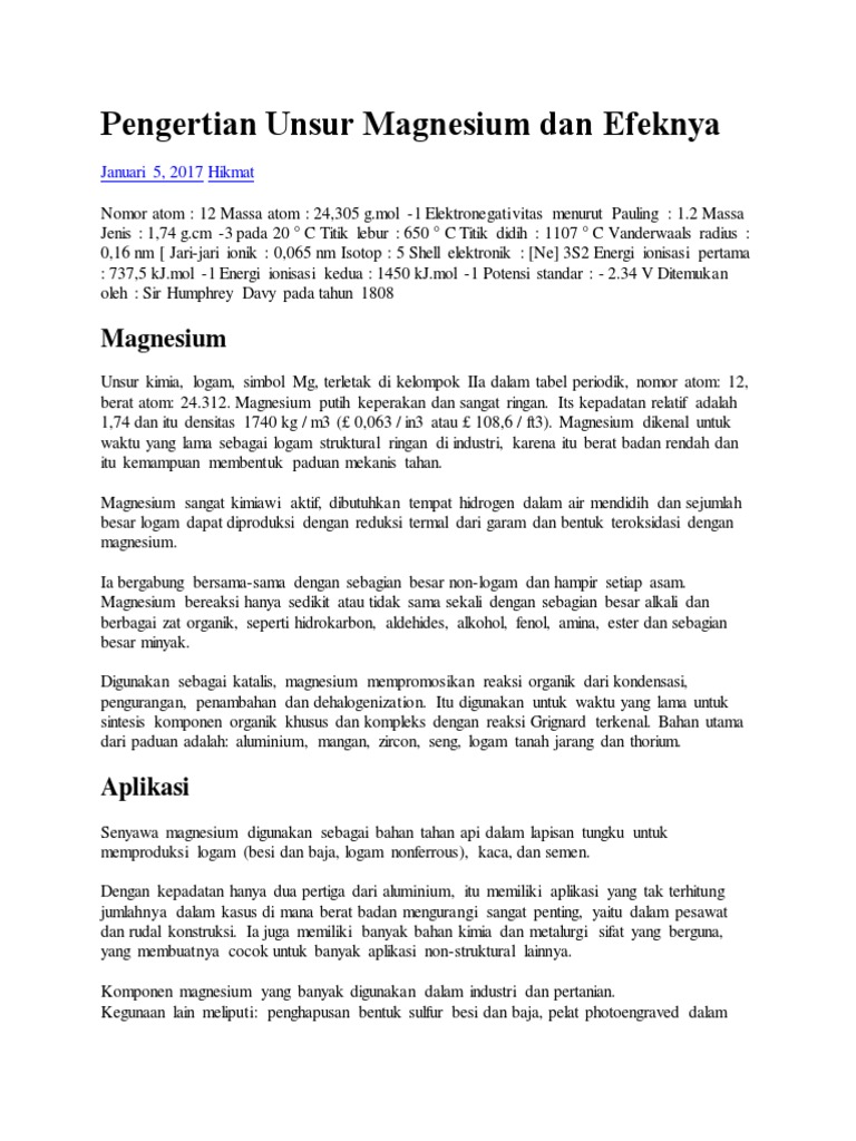Pengertian Unsur Magnesium Dan Efeknya | PDF