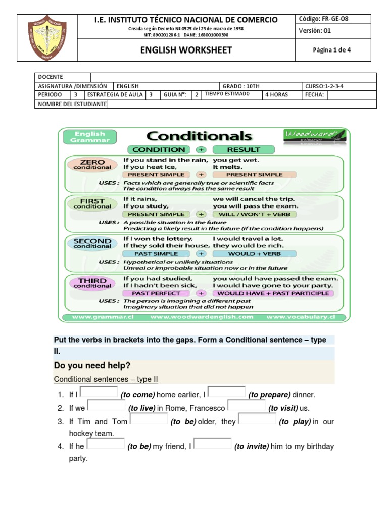 English Worksheet 10TH. Second and Third Conditional. Week 1 and 2. | PDF