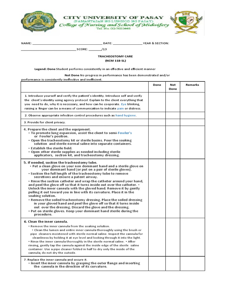 Tracheostomy Care Procedure Checklist | PDF | Clinical Medicine ...