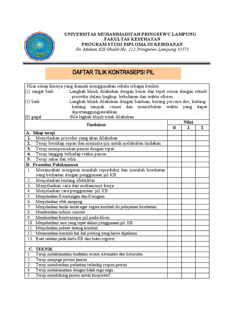 Daftar Tilik Kontrasepsi Pil KB | PDF