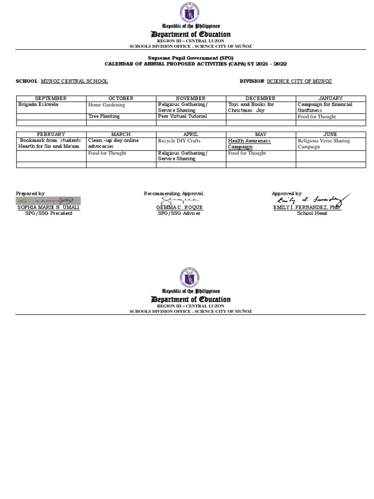 MCS-SPG Calendar of Activities | PDF