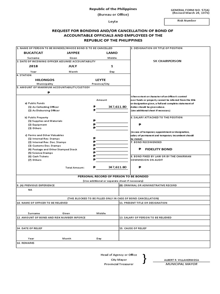 Request For Bonding And/Or Cancellation of Bond of Accountable ...