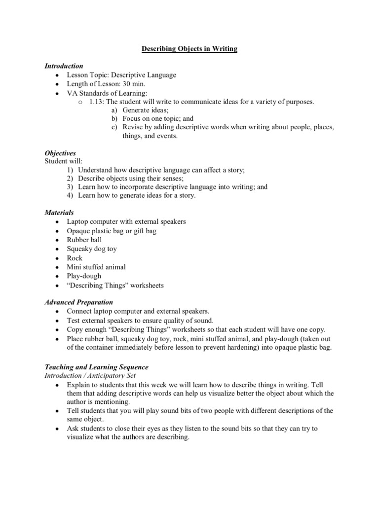 Descriptive Language Lesson Plan | PDF | Homework | Semiotics