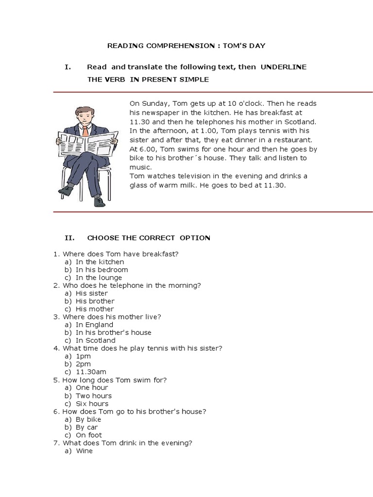 Reading Comprehension: Tom'S Day I. Read and Translate The Following ...