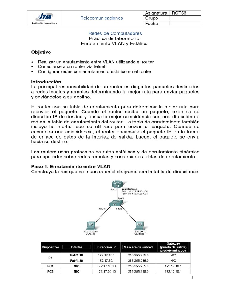 Lab 6 - Enrutamiento VLAN y Estático | PDF | Enrutador (Computación) | Dirección IP