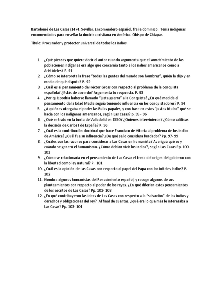 Cuestionario Bartolomé de Las Casas | PDF