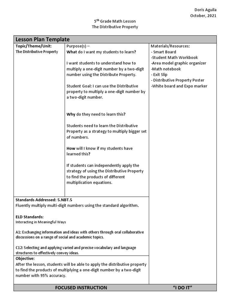 The Distributive Property Lesson | PDF | Teachers | Teaching