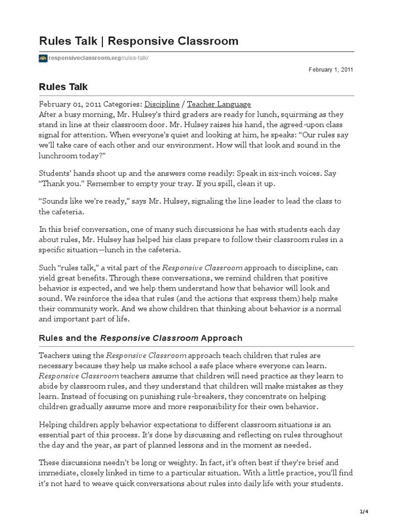 Rules Talk Responsive Classroom | PDF | Classroom | Teachers