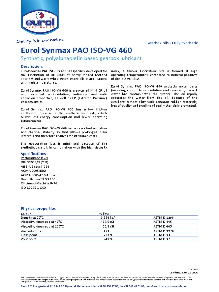 Eurol Synmax PAO ISO-VG 460: Synthetic, Polyalphaolefin Based Gearbox ...