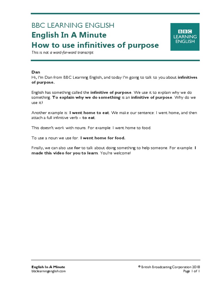 Infinitives of Purpose | PDF