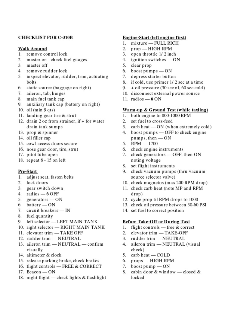 Comprehensive pre-flight, in-flight, and post-flight checklist for twin ...