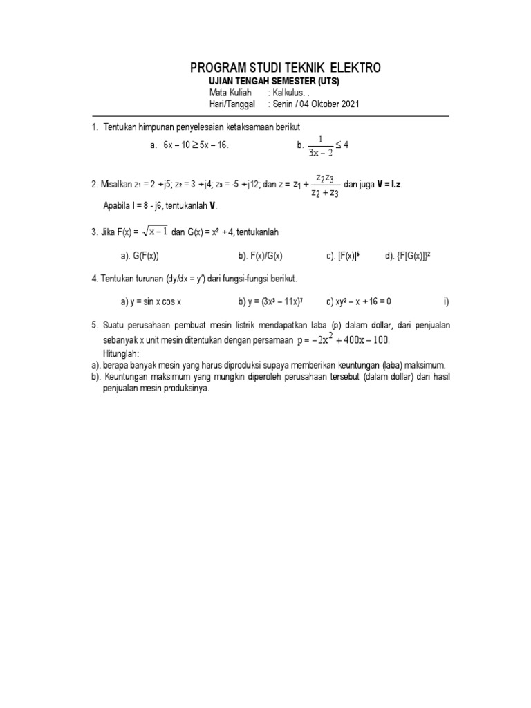 UTS Teknik Elektro Kalkulus | PDF
