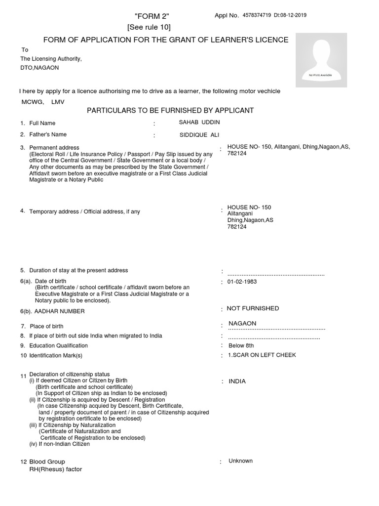 Form 2 Learner's Licence Application | PDF | Driver's License | Birth Certificate