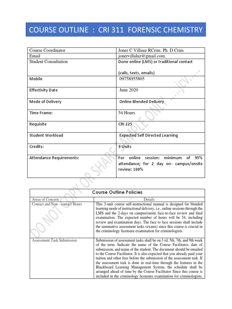 Course Outline: Cri 311 Forensic Chemistry | PDF | Crime Scene ...