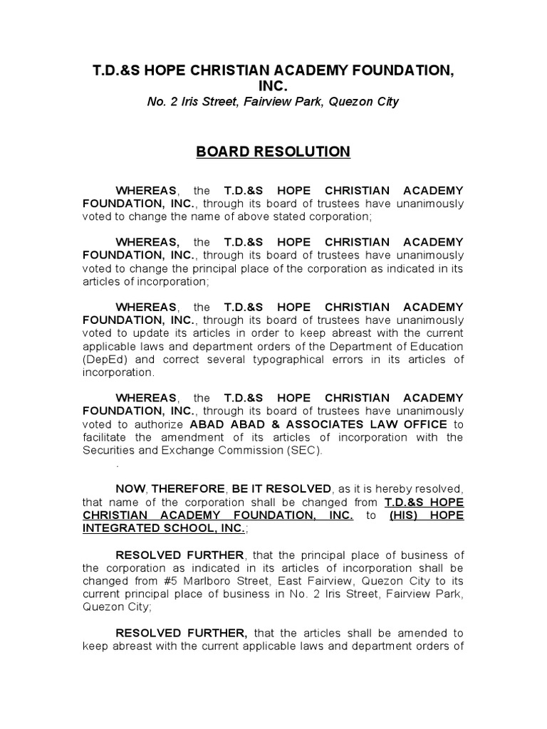 BOARD RESOLUTION and SECRETARY'S CERTIFICATE 2ND DRAFT - A4 | Download ...