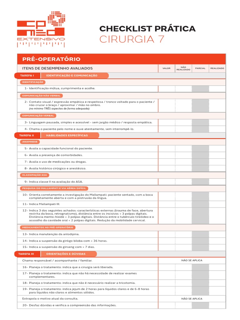 Checklist Cirurgia PRÉ OPERATORIO 7 | PDF | Comunicação | Remédio
