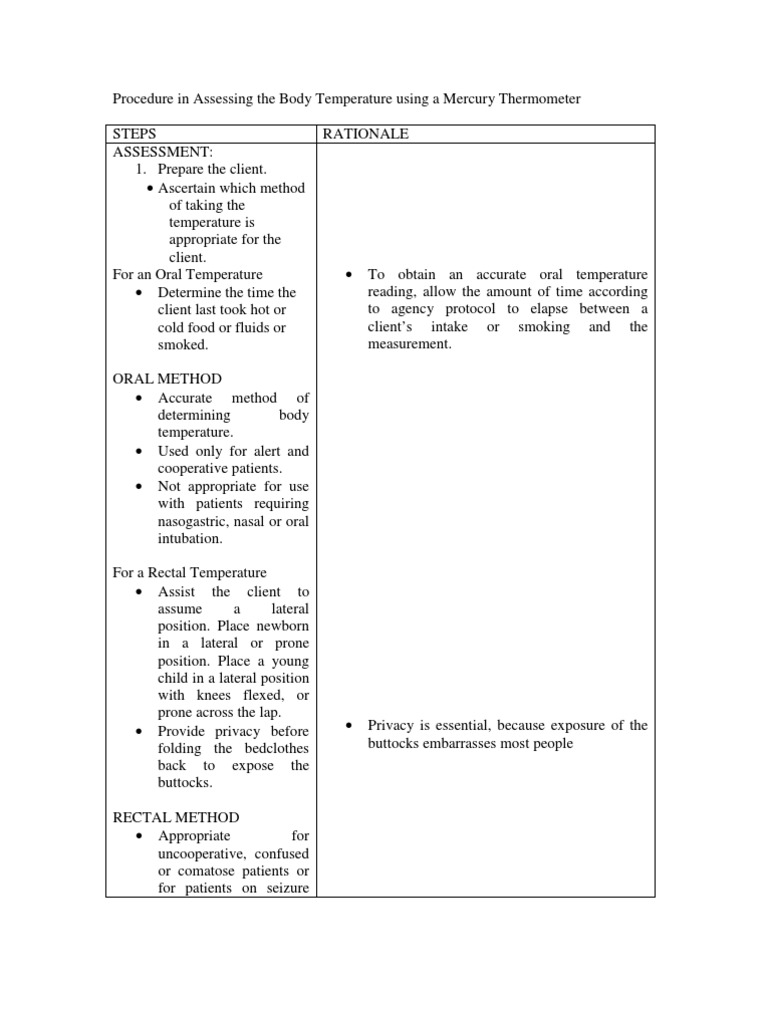 Procedure in Assessing The Body Temperature Using A Mercury Thermometer ...