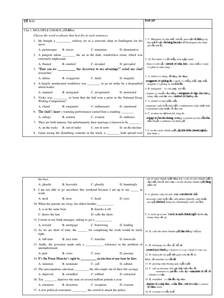 Trắc Nghiệm Từ Vựng, Collocations, Idioms, Phrasal Verbs | PDF