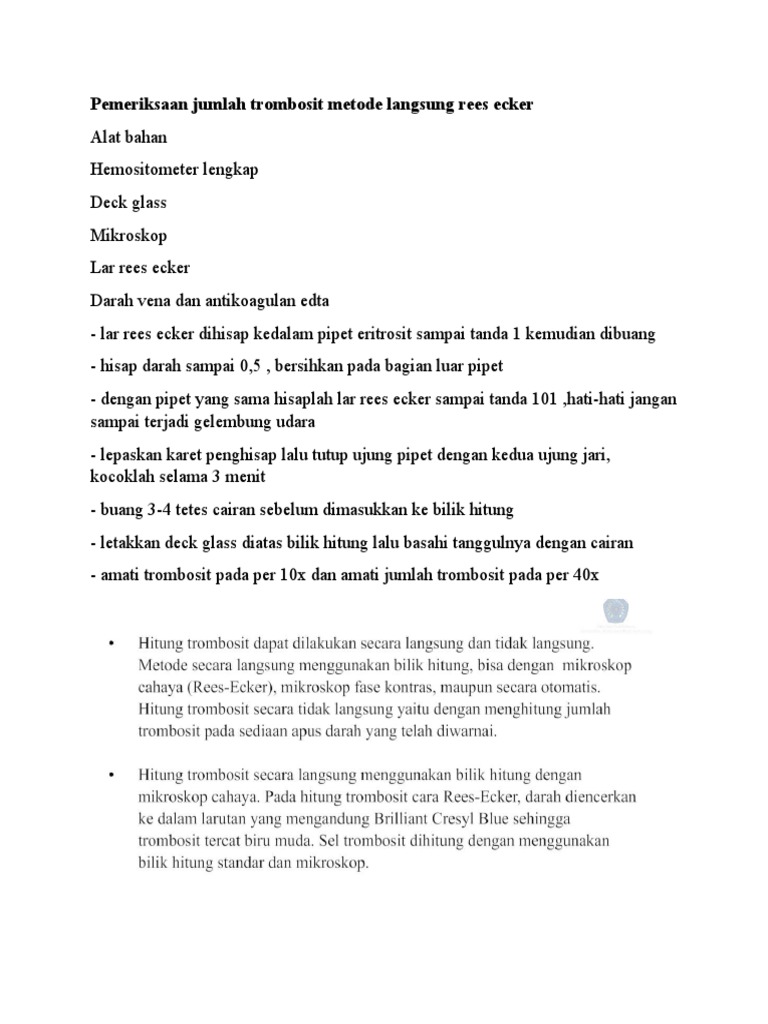 Pemeriksaan Jumlah Trombosit Metode Langsung Rees Ecker | PDF | Sains ...
