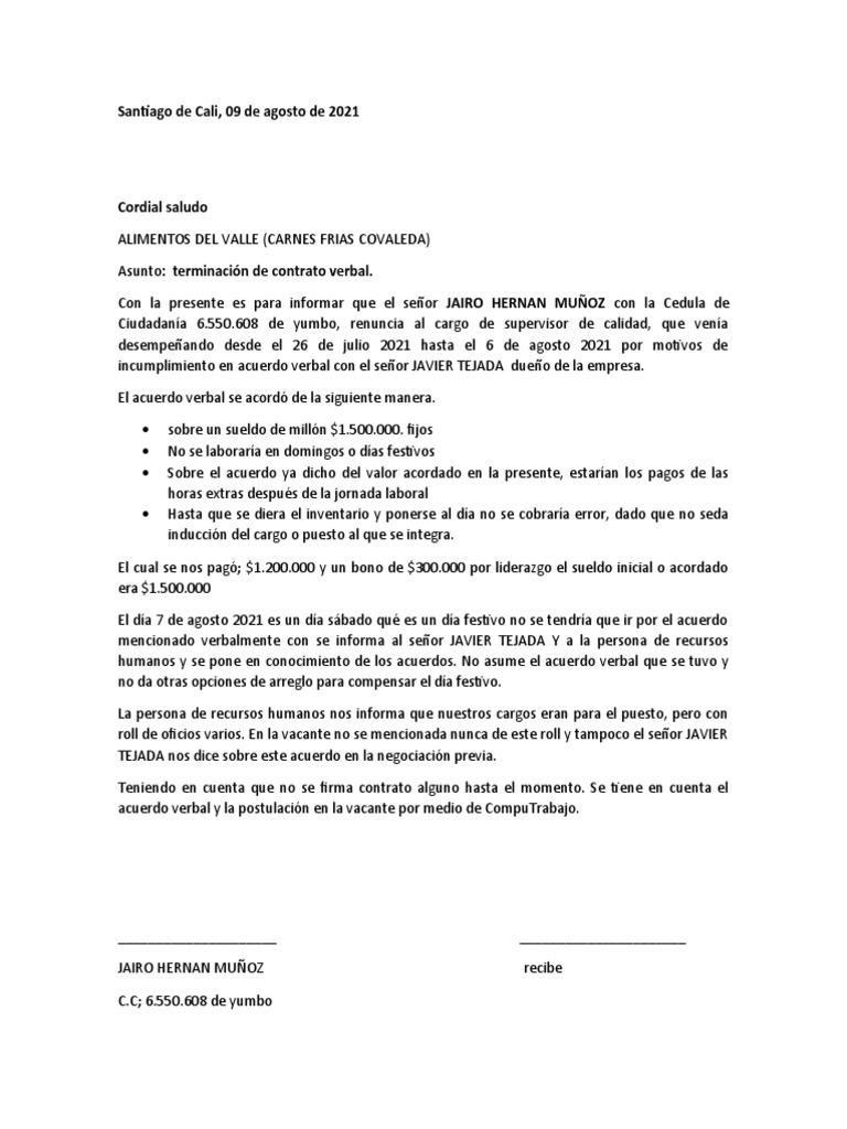Terminación de contrato verbal en Cali | PDF
