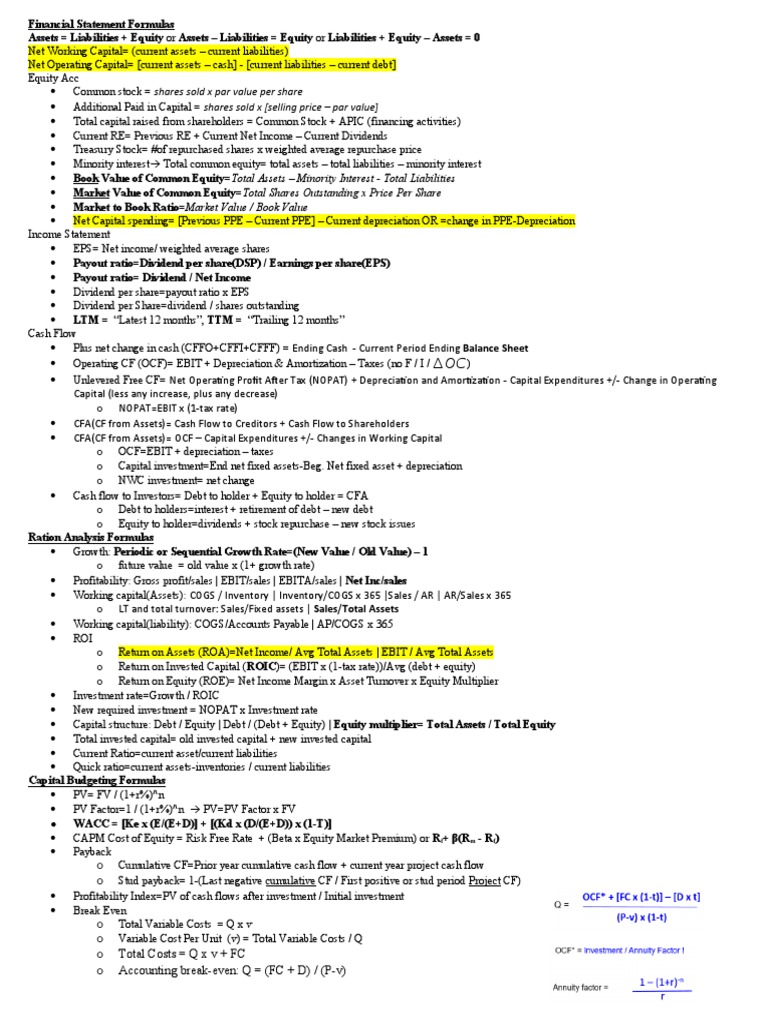 Finance Formula Sheet | PDF | Equity (Finance) | Stocks