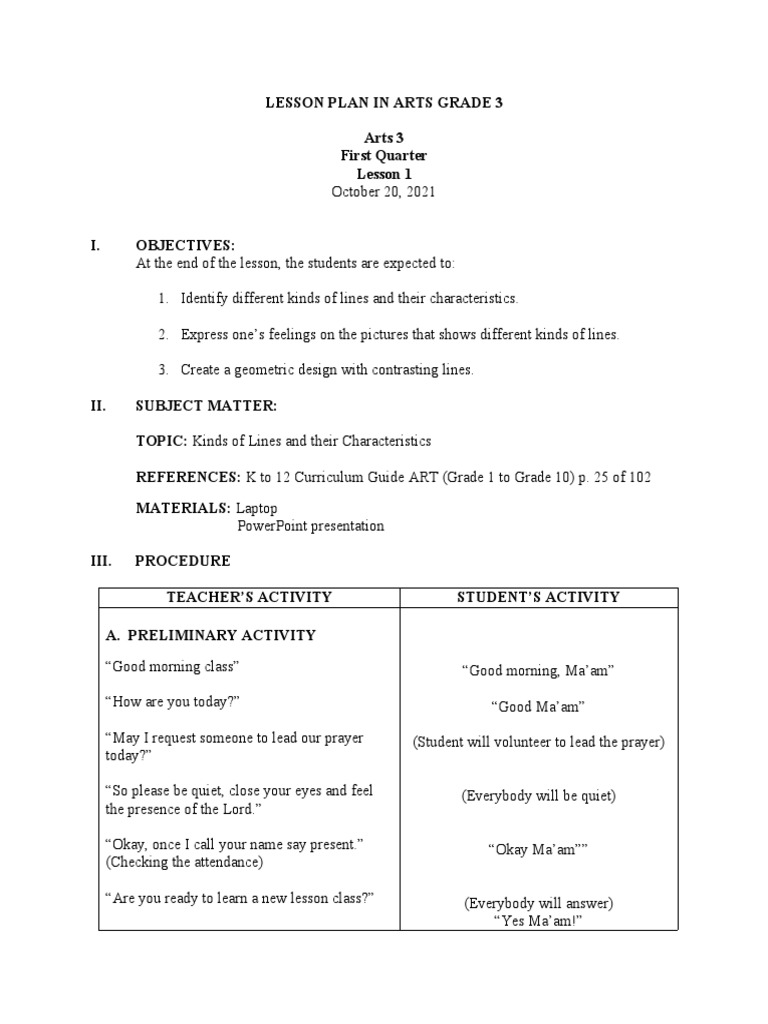 Line Lesson Plan (Bernabe, Xyrelle Joy G.) BEED-3B | PDF | Lesson Plan ...