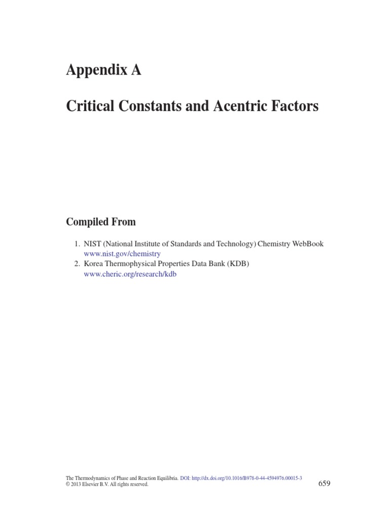 Appendix A Critical Constants and Acentric Factors: Compiled From | PDF ...
