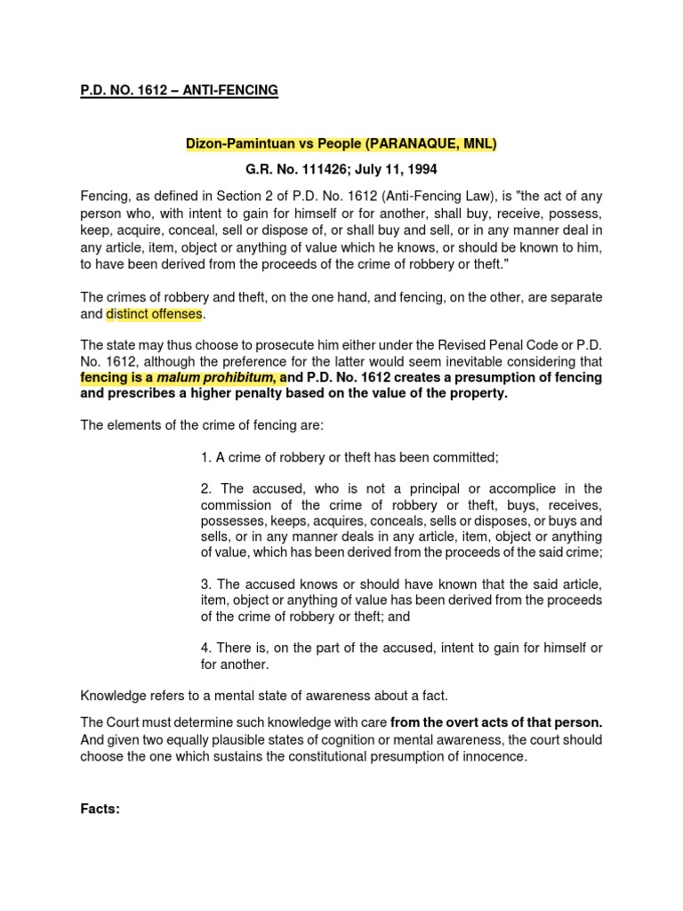 Fencing and Anti-Carnapping Case Digests | PDF | Crime & Violence | Crimes