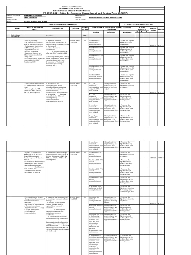 Opcrf 2021 School Head | PDF | Curriculum