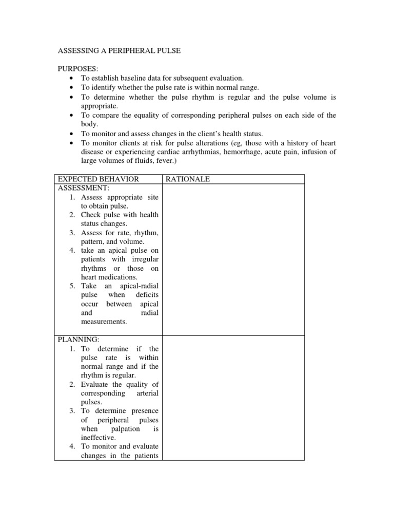 Assessing A Peripheral Pulse | PDF | Pulse | Heart Rate