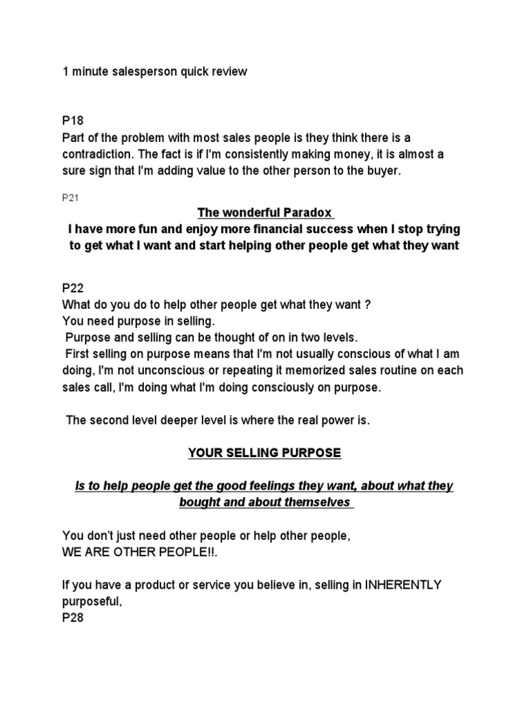 One Minute Salesperson Quick Review | PDF | Cognition | Psychology