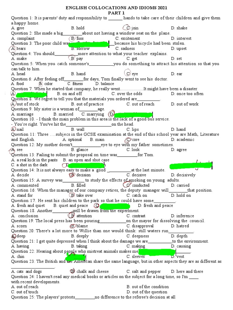 English Collocations And Idioms Exam Questions | PDF