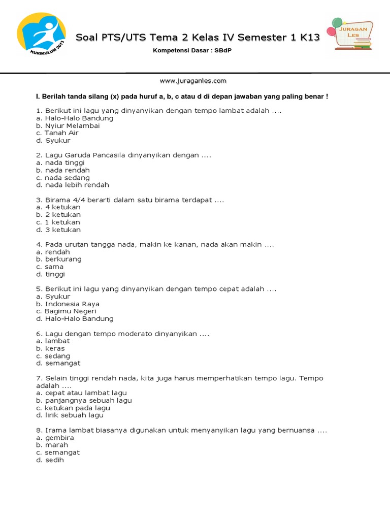 Soal UTS PTS K13 Tema 2 Kelas 4 Semester 1 SBDP | PDF